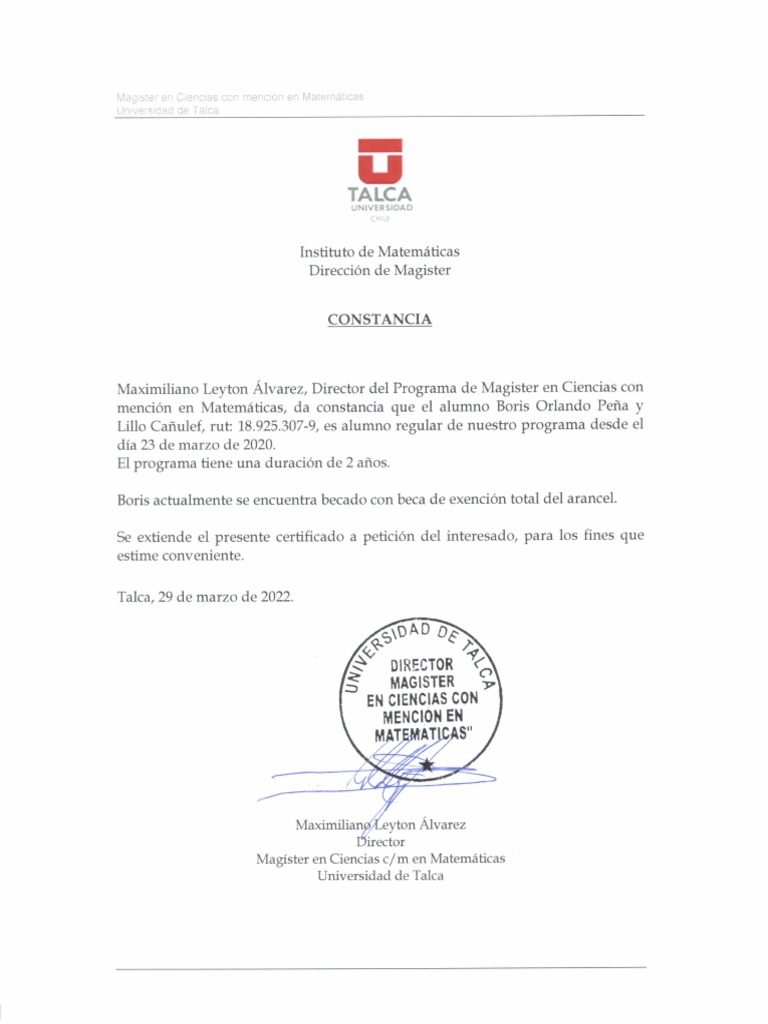 Constancia Alumno Regular Boris Peña y Lillo | PDF