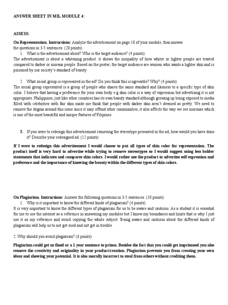 Answer Sheet Mil Module 4 | PDF | Plagiarism | Human Skin Color