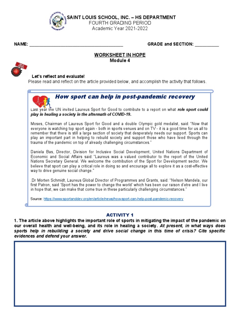 HOPE Module 4 Worksheet File | PDF | Blog | Sports