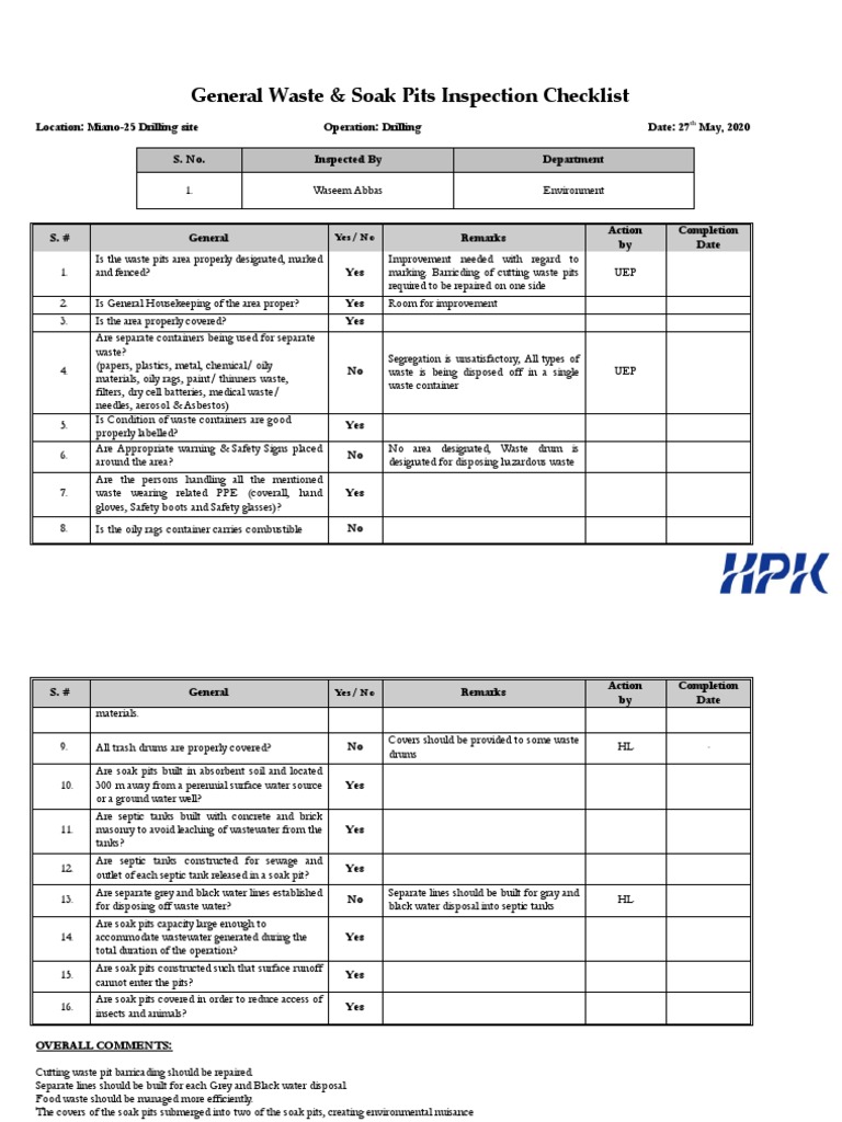General Waste & Soak Pits Inspection Checklist (27th May, 2020) | PDF ...