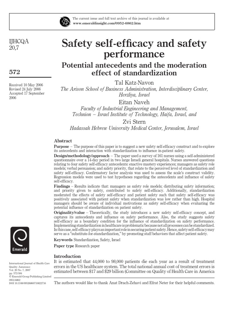 Safety Self-Efficacy | PDF | Self Efficacy | Patient Safety