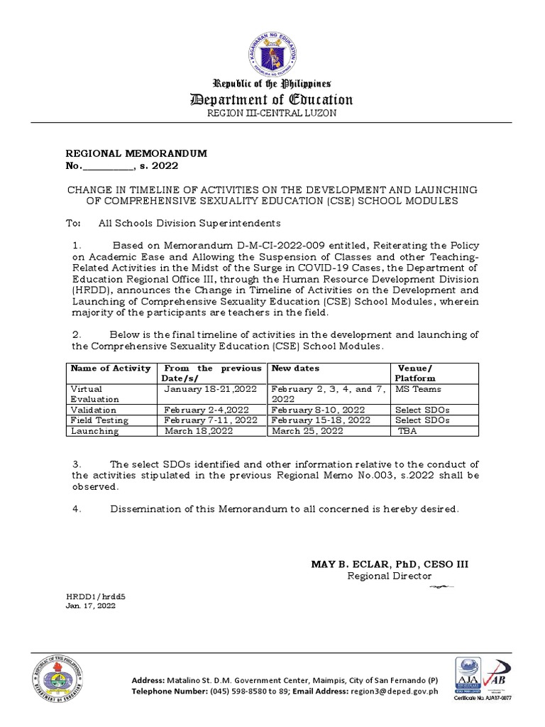 Memo Change of Timeline of Activities For CSE Materials | PDF