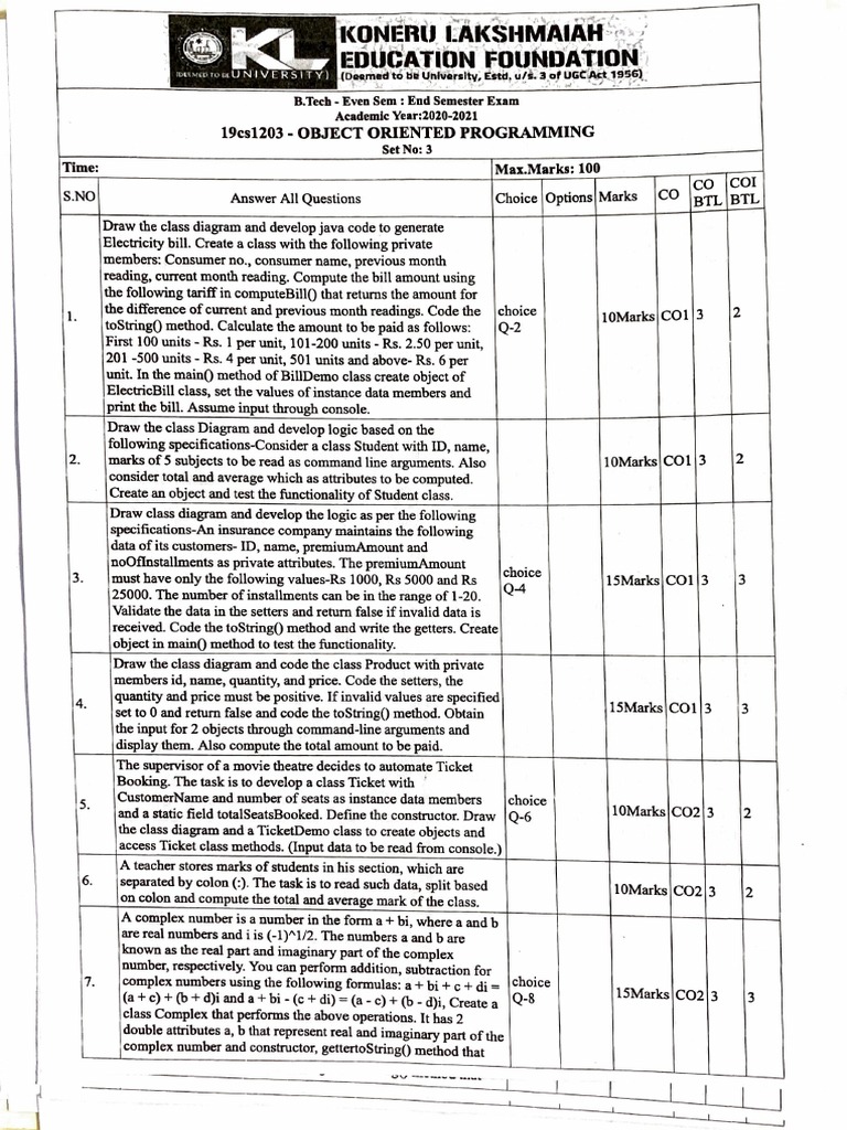 19csl203 Object Oriented Programming Time 100 Marks Pdf Method Computer Programming 2389