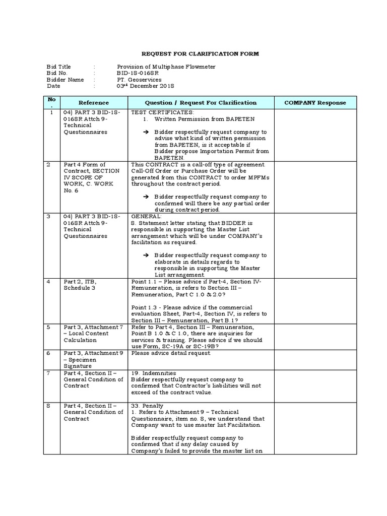 Attachment 10 - REQUEST FOR CLARIFICATION FORM (Native) | Download Free ...