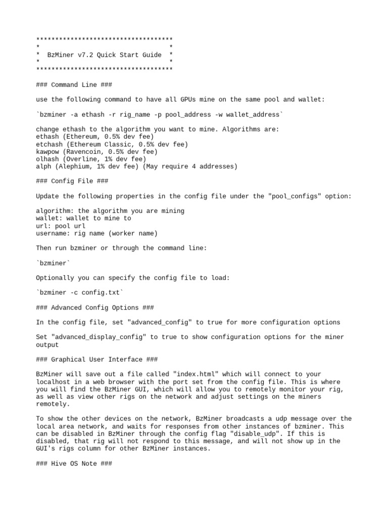 BzMiner v7.2 Quick Start Guide | PDF | Command Line Interface | Software Development