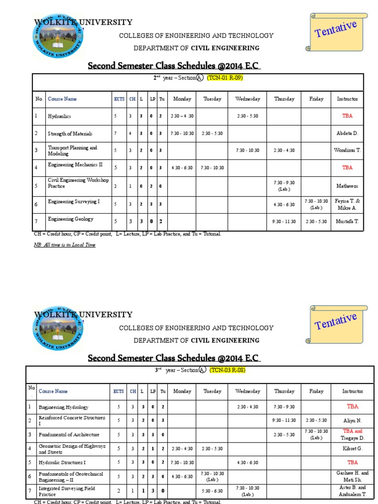 CIVIL Eng'g @2014 E.C - 2nd Semester Class Schedules | PDF | Course ...