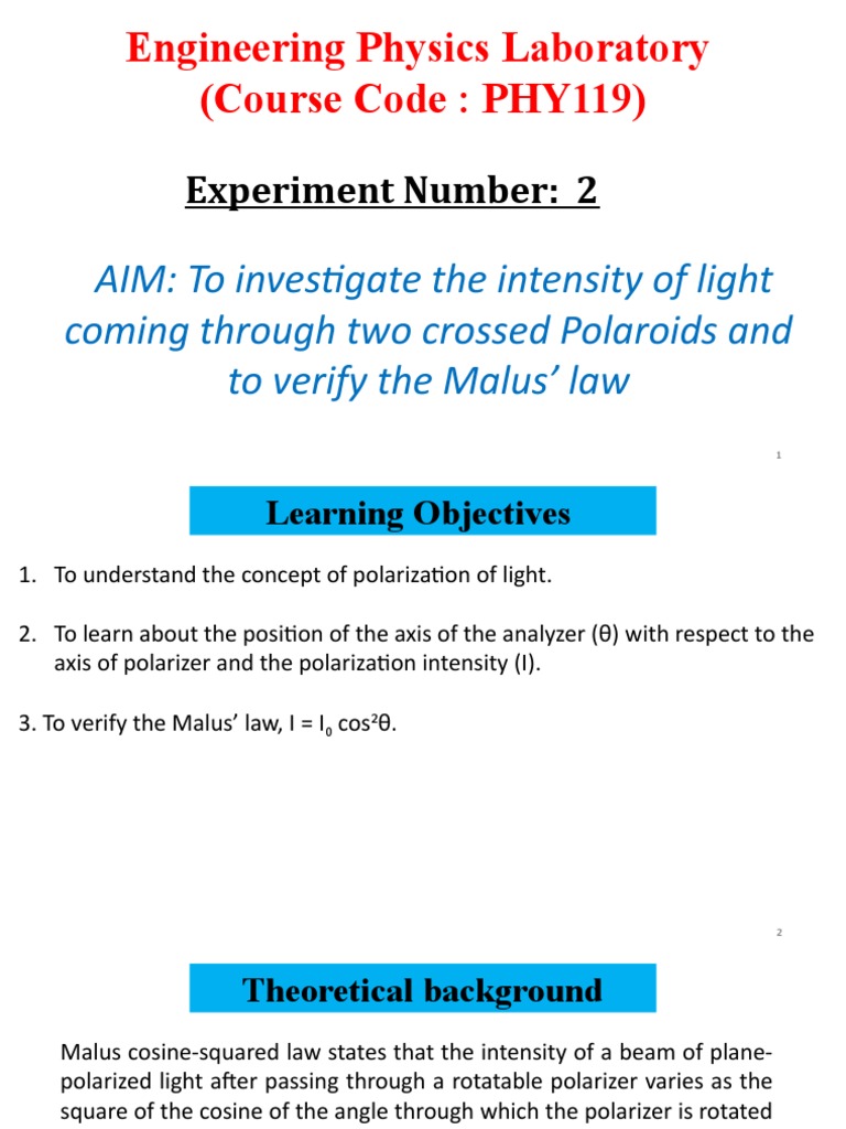 Engineering Physics Laboratory (Course Code: PHY119) : Experiment Number: 2 | PDF | Polarization ...