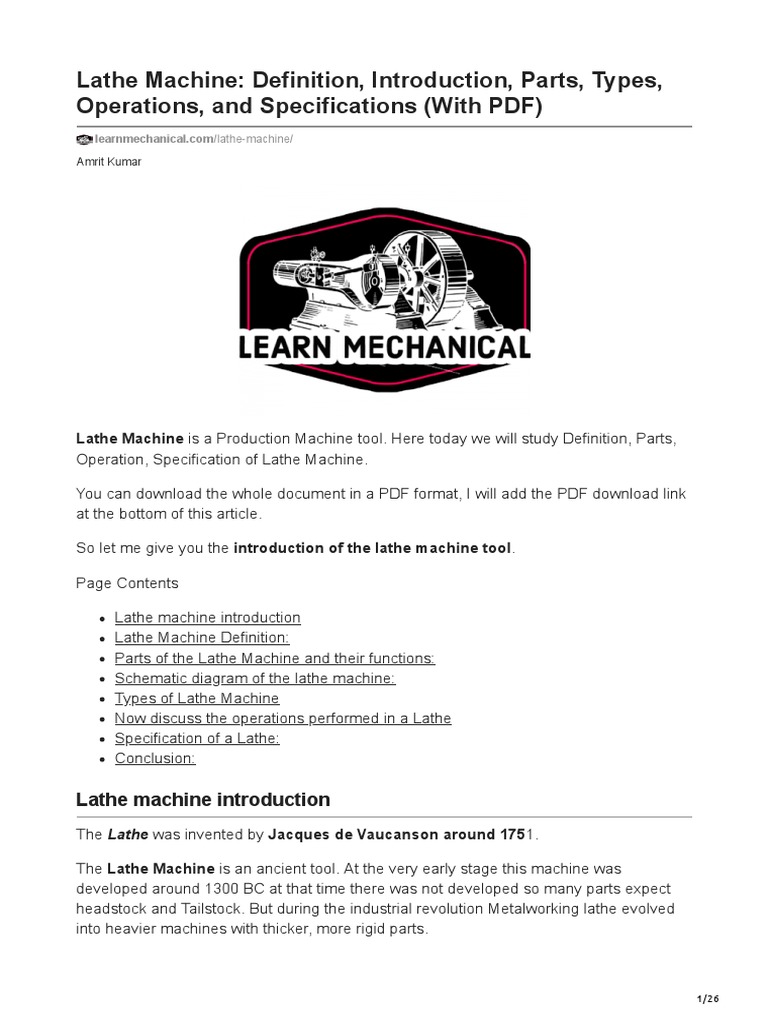 Lathe Machine: Definition, Introduction, Parts, Types, Operations, and ...