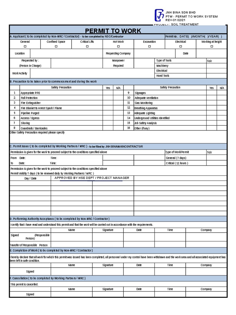 Permit To Work Form - JNH BINA | PDF | Safety | Occupational Safety And ...