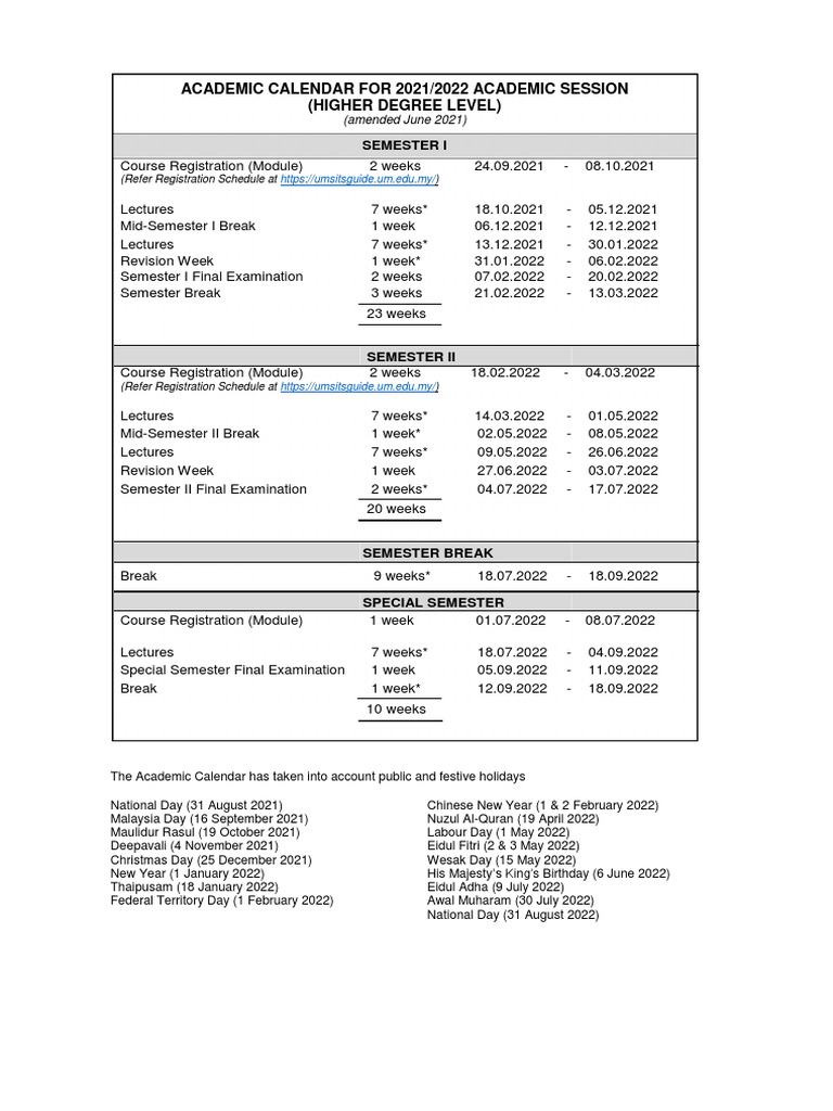 UM Academic Calendar 2021/2022 | PDF | Academic Term | Educational ...