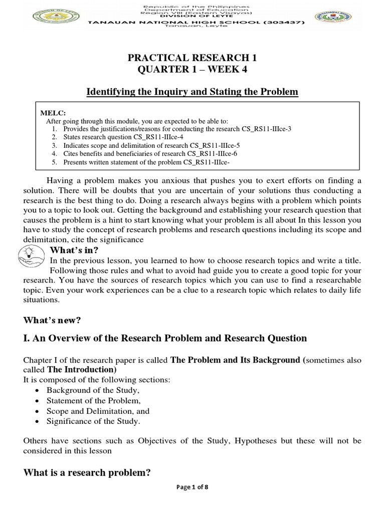 Practical Research 1 Quarter 1 - Week 4 Identifying The Inquiry and ...