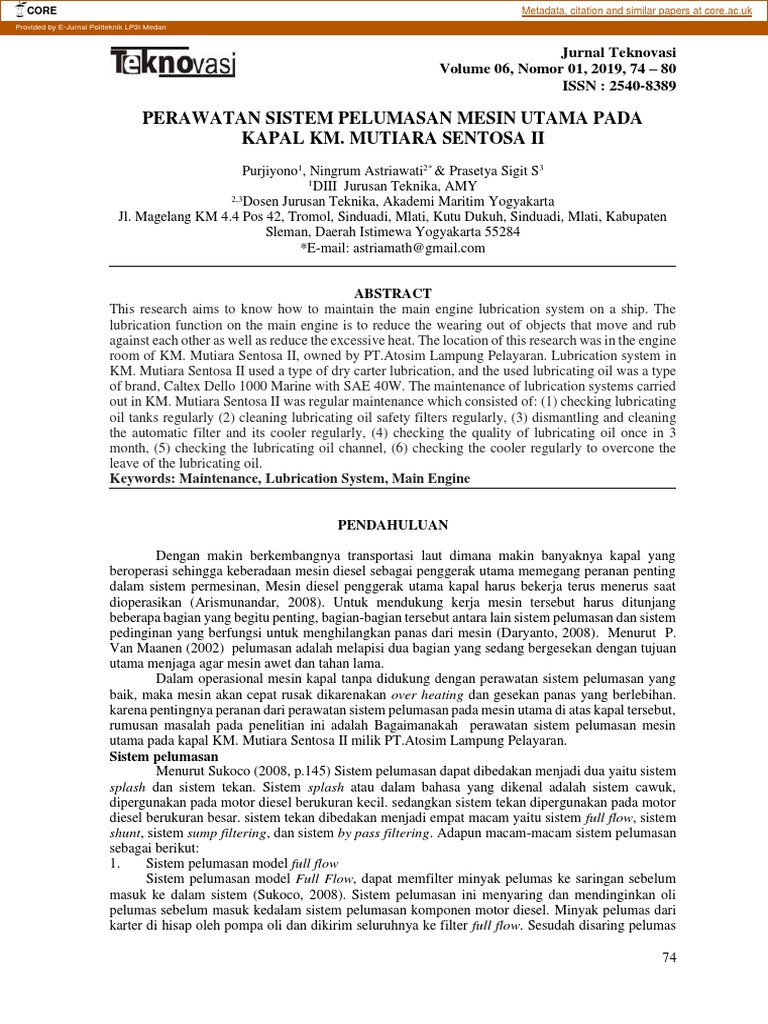 Perawatan Sistem Pelumasan Mesin Utama Pada Kapal Km. Mutiara Sentosa ...