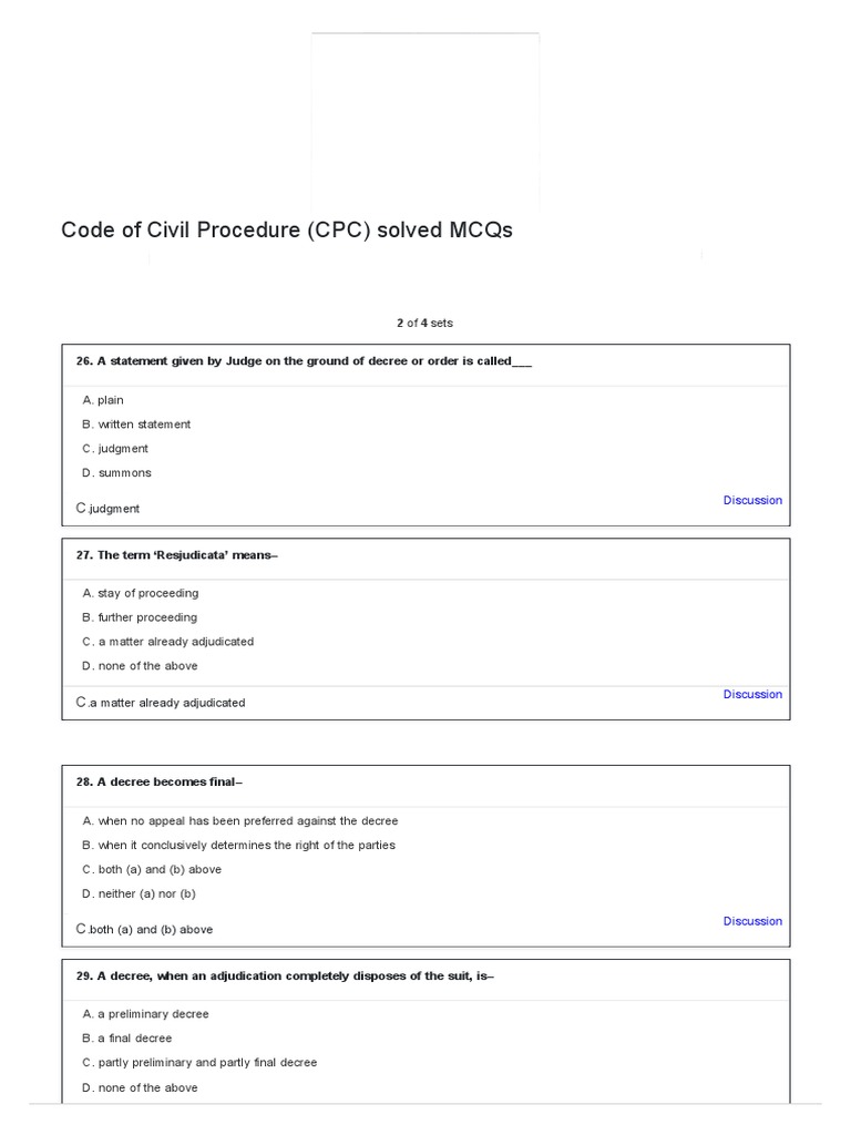 Code of Civil Procedure (CPC) Solved MCQS: Open Ads by | Download Free PDF | Lawsuit | Decree
