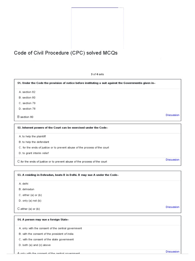 MCQ Code of Civil Procedure | PDF | Lawsuit | Multiple Choice
