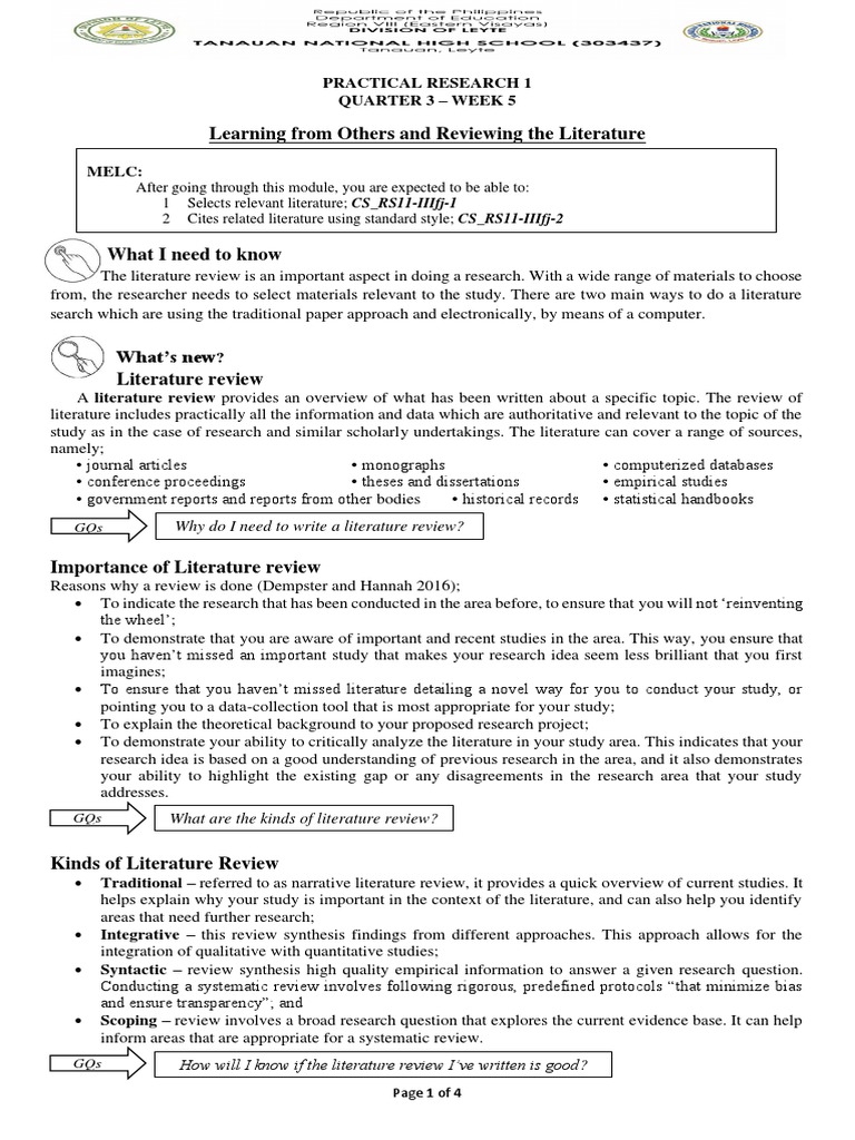 Learning From Others and Reviewing The Literature: Practical Research 1 ...