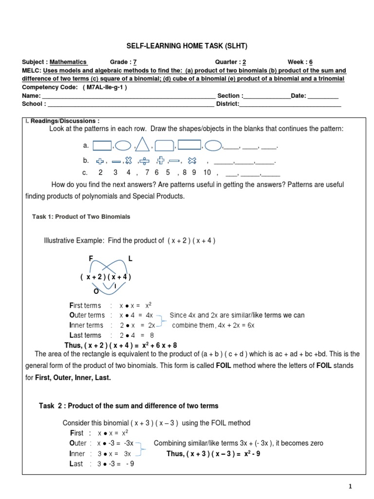 Product of Two Binomials Explained | PDF | Mathematics | Algebra