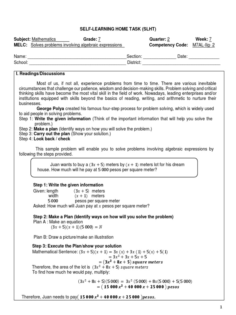 Math 7 SLHT, q2, WK 7 Melc - 7al - II-g-2 | PDF | Subtraction | Mathematics
