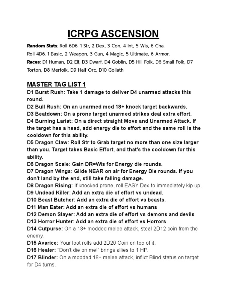 Icrpg Ascension: Master Tag List 1 | PDF