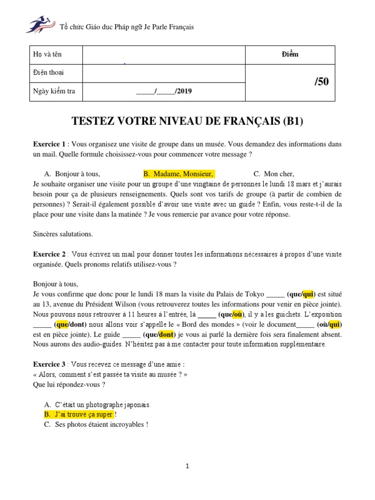 Test de niveau B1 en français | PDF