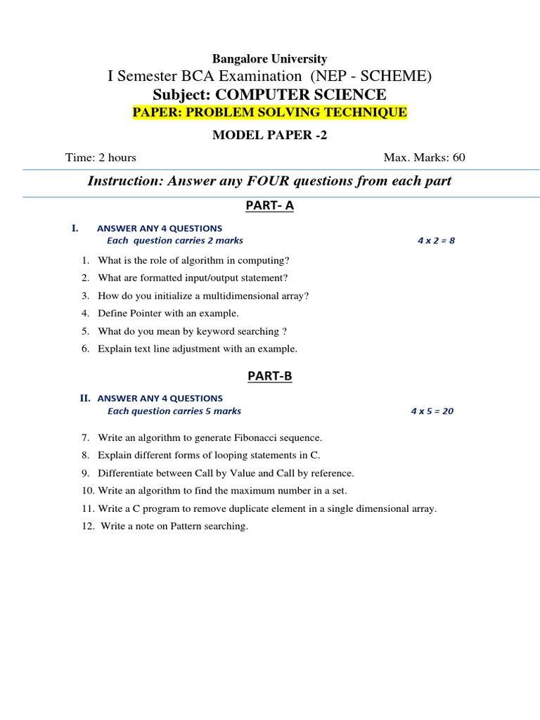 I Semester BCA Examination (NEP - SCHEME) : Subject: Computer Science | PDF
