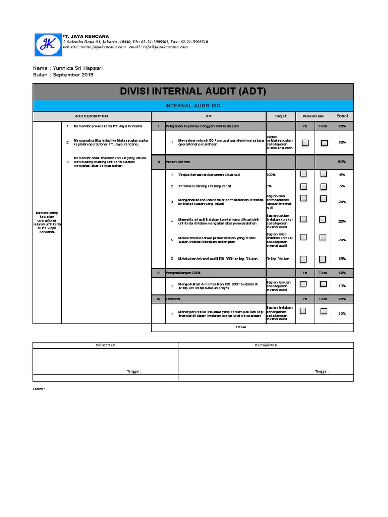 Divisi Internal Audit (Adt) : Nama: Yunnica Sri Hapsari Bulan ...