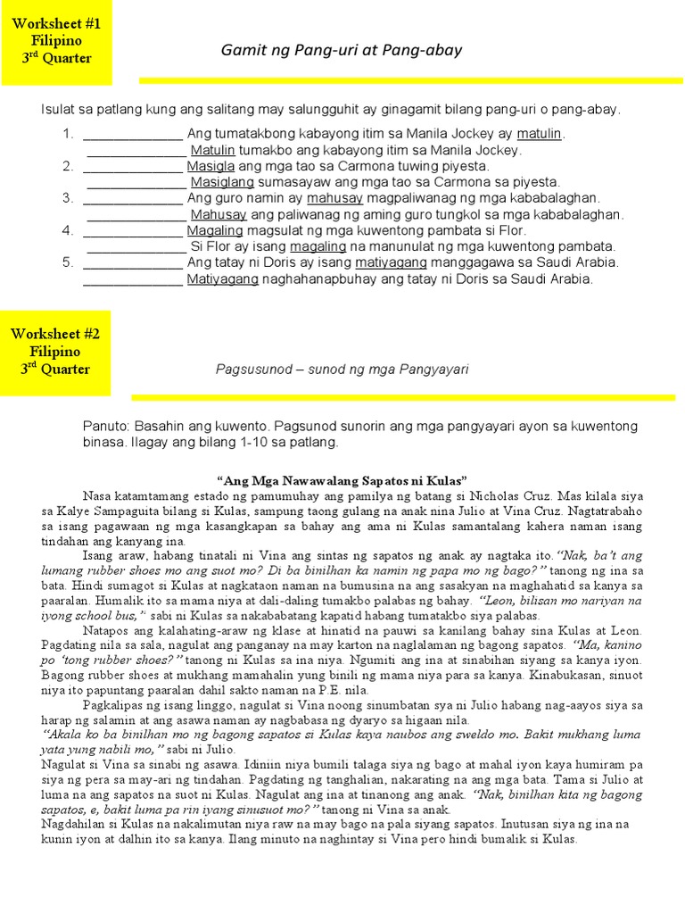 Worksheets 3rd Quarter Filipino 5 | PDF