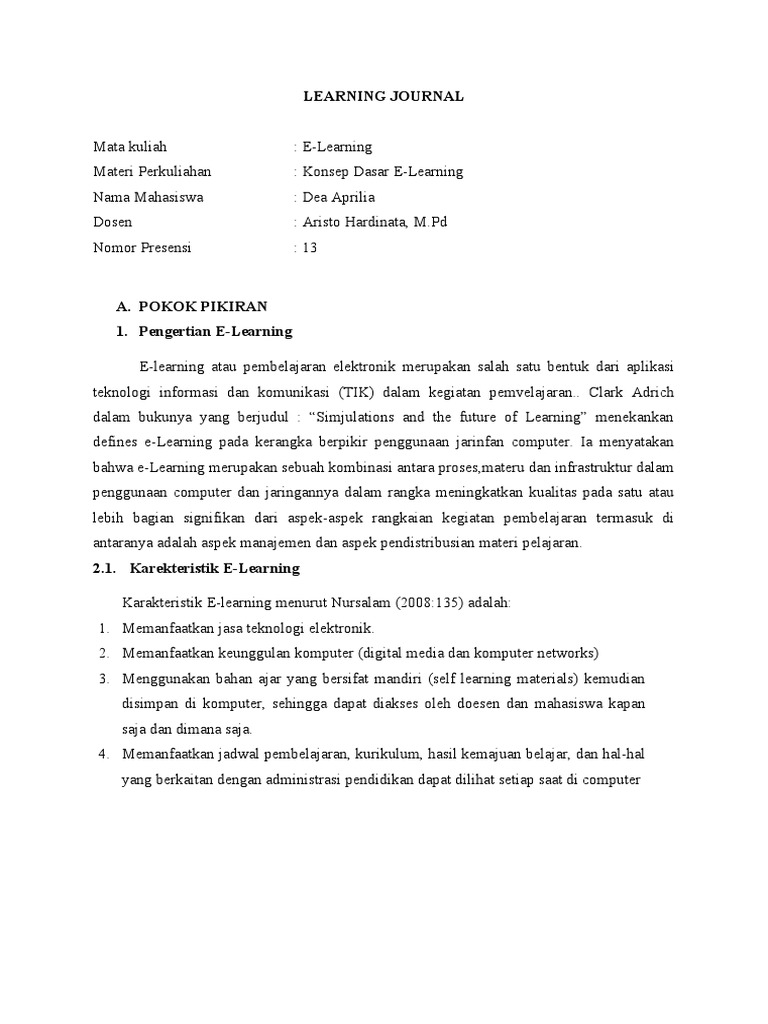 Learning Journal E-Learning - Dea Aprilia - Konsep Dasar E-Learning | PDF