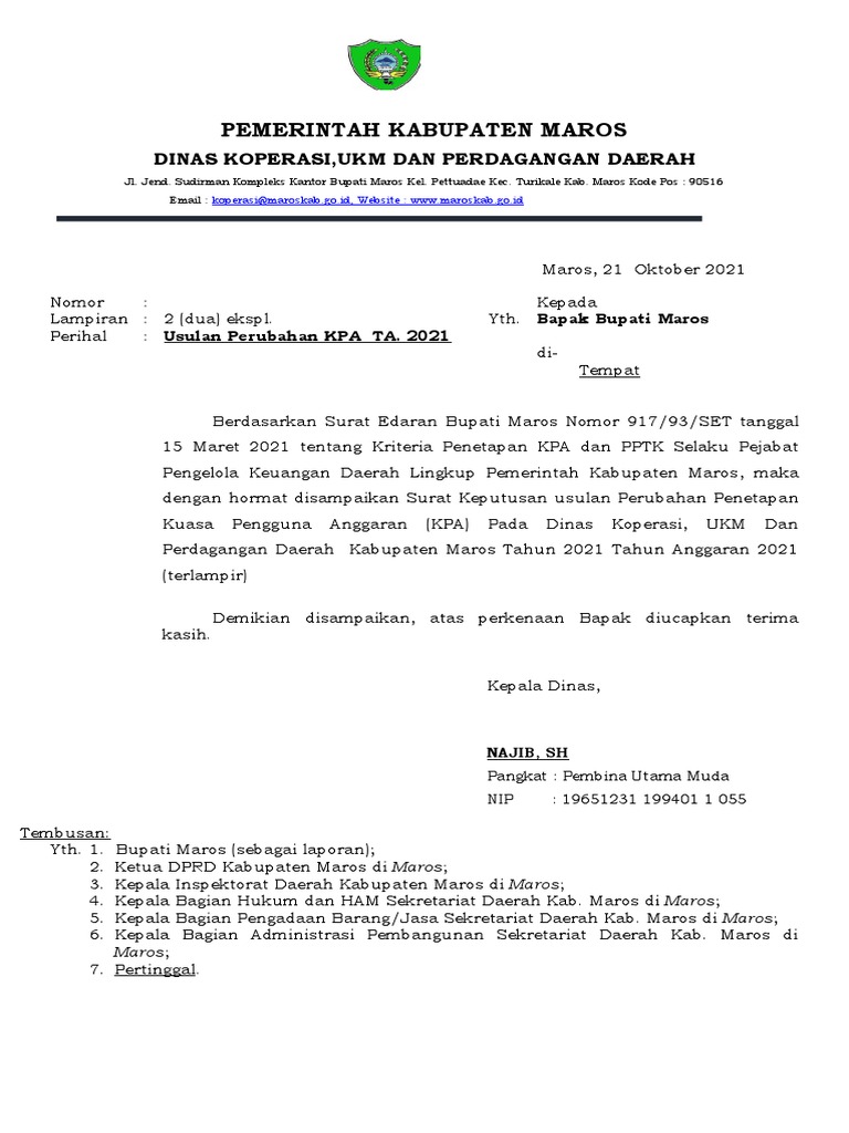 Surat Usulan Perubahan KPA Tahun 2021 | PDF