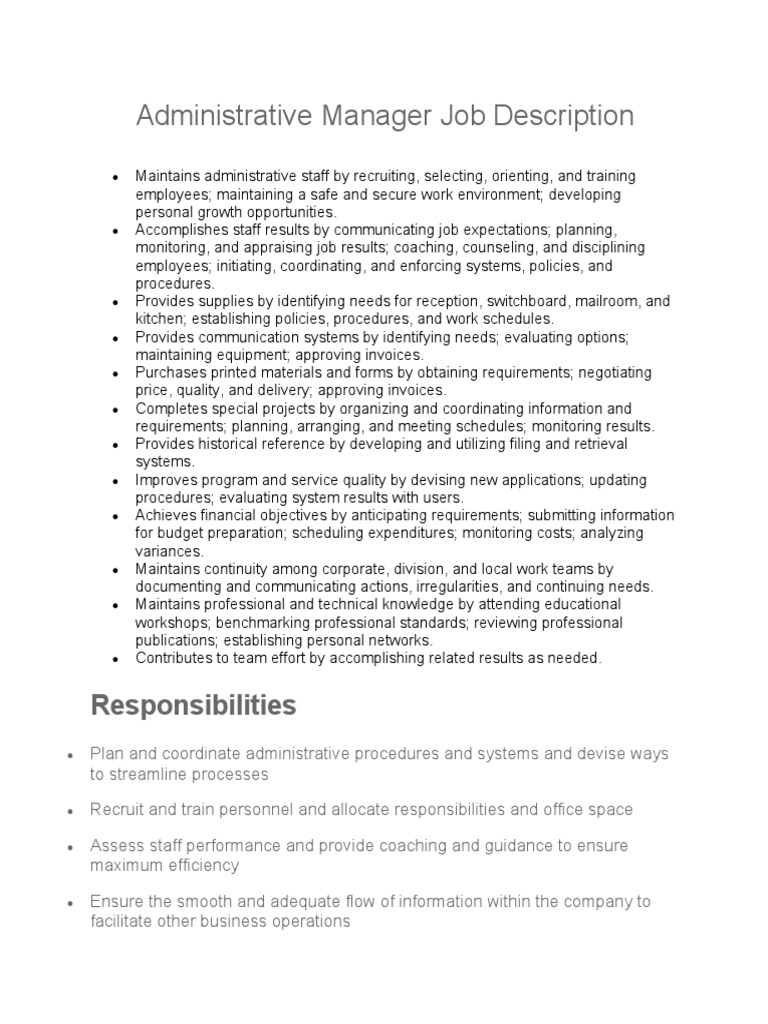 Administrative Manager Job Description | Download Free PDF | Goal ...