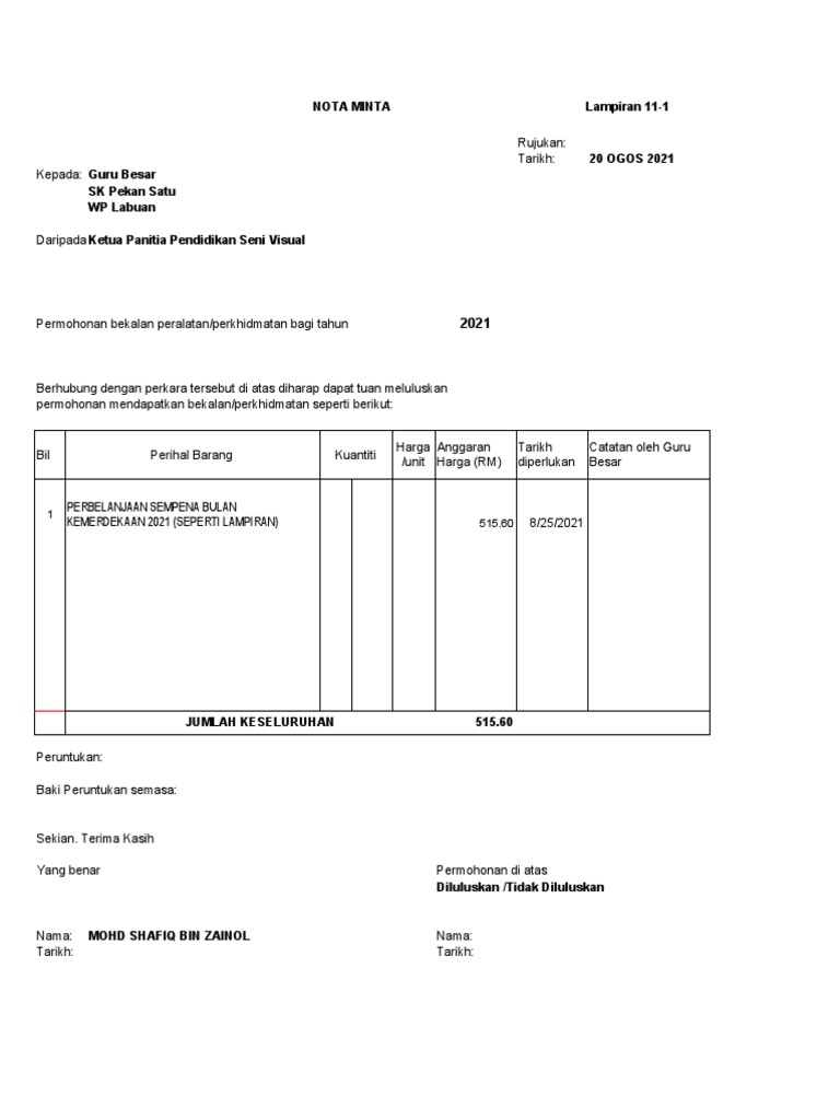 Nota Minta PSV (Ogos) | PDF