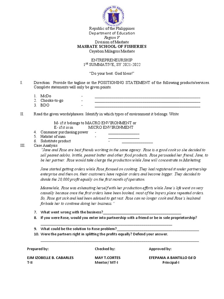 Exam Entrepreneurship Grade 12 | PDF | Marketing | Economies