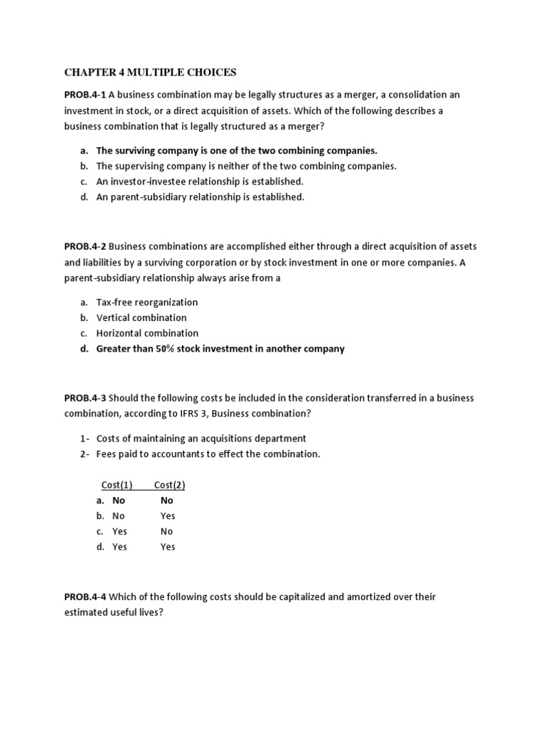 Chapter 4 Multiple Choices | PDF | Goodwill (Accounting) | Equity (Finance)