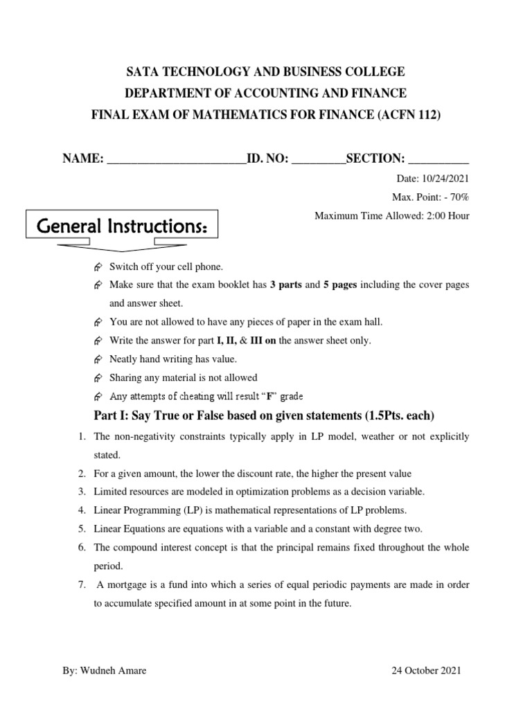 Mathematics for Finance Exam Paper | PDF | Interest | Linear Programming