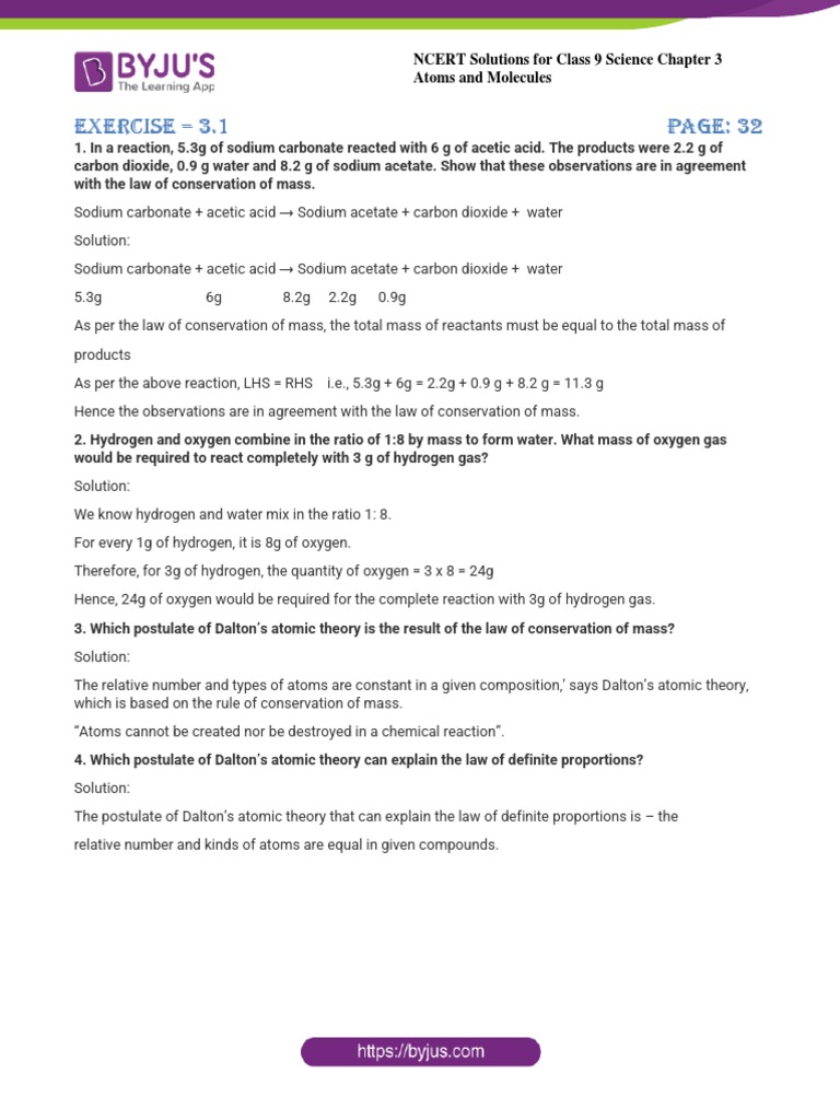 Exercise - 3.1: NCERT Solutions For Class 9 Science Chapter 3 Atoms and ...