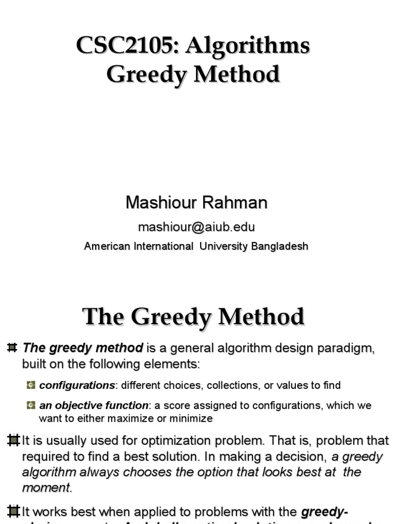 CSC2105: Algorithms Greedy Method | PDF | Mathematical Optimization ... CSC2105: Algorithms Greedy Method | PDF | Mathematical Optimization ...