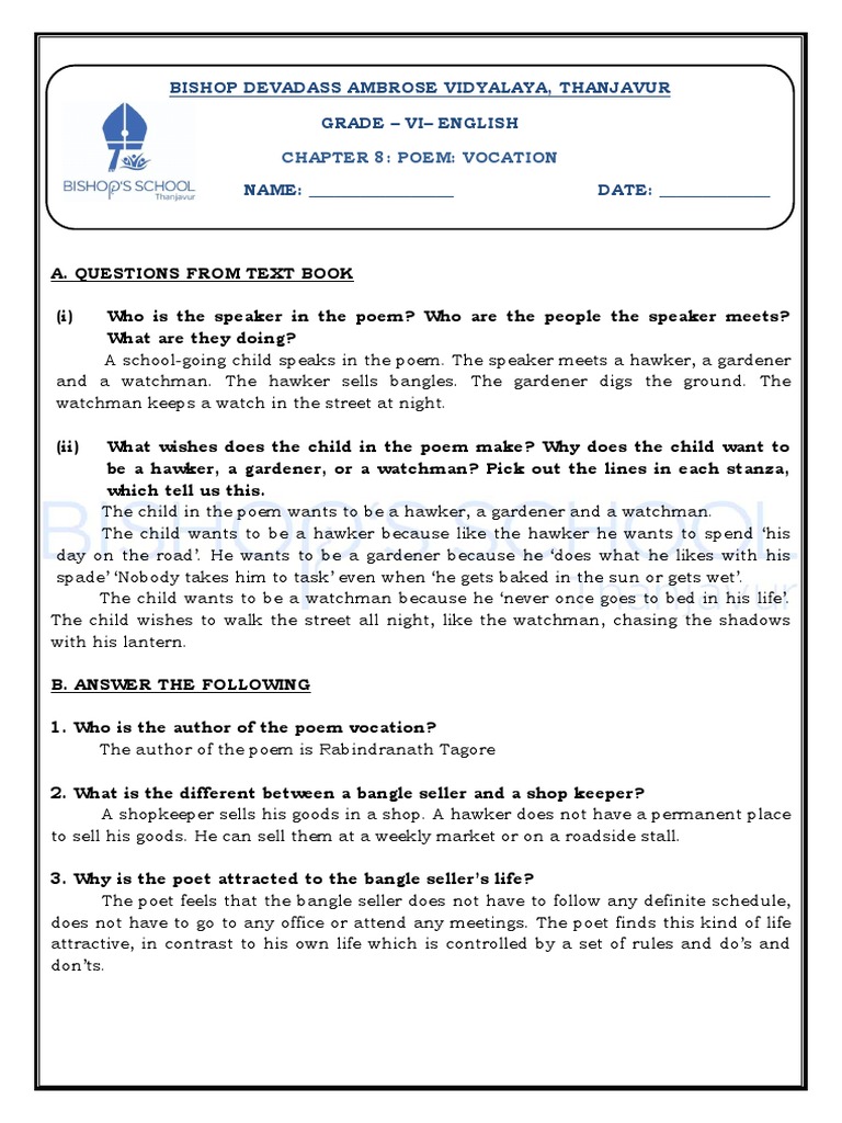 Bishop Devadass Ambrose Vidyalaya, Thanjavur Grade - Vi - English | PDF