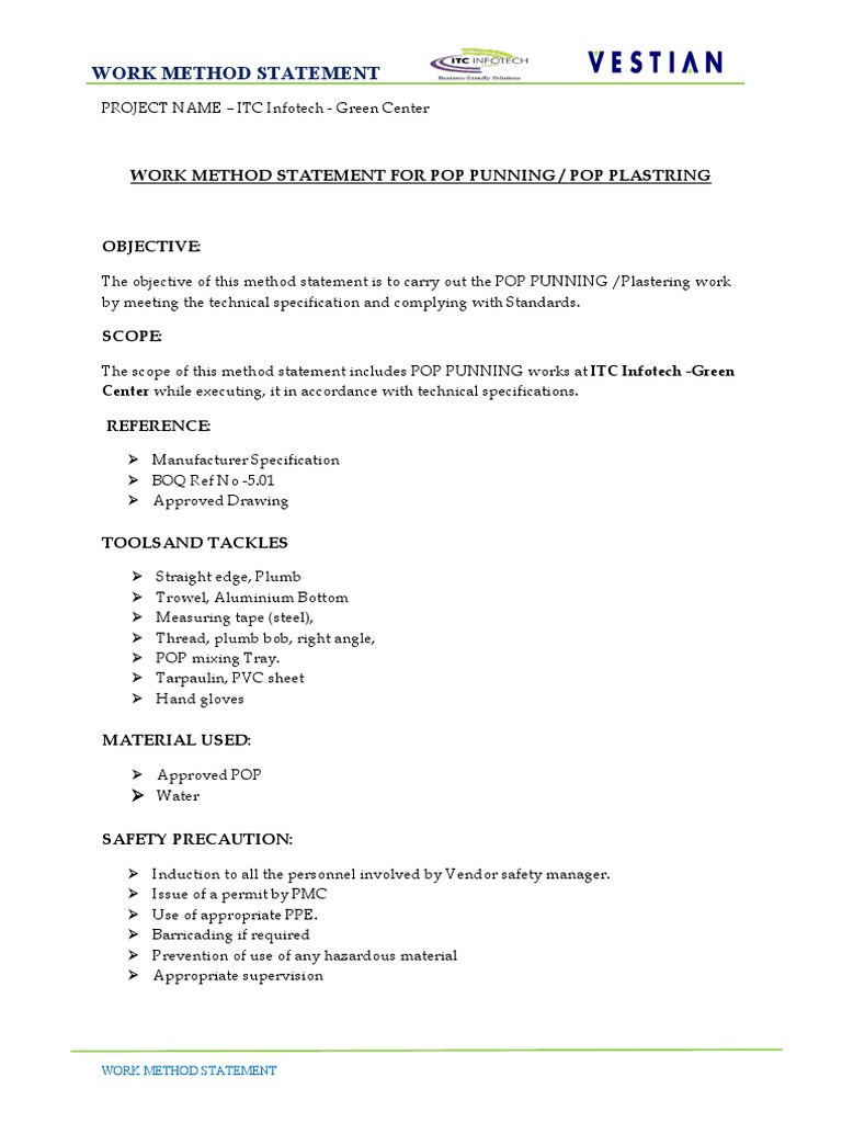 POP Punning Work Method Statement | PDF | Plaster | Civil Engineering