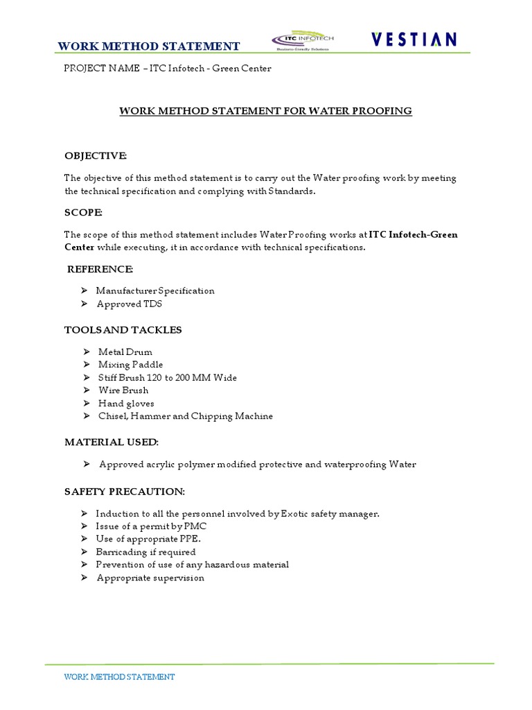 Work Method Statement - WATER PROOFING | PDF | Concrete | Water