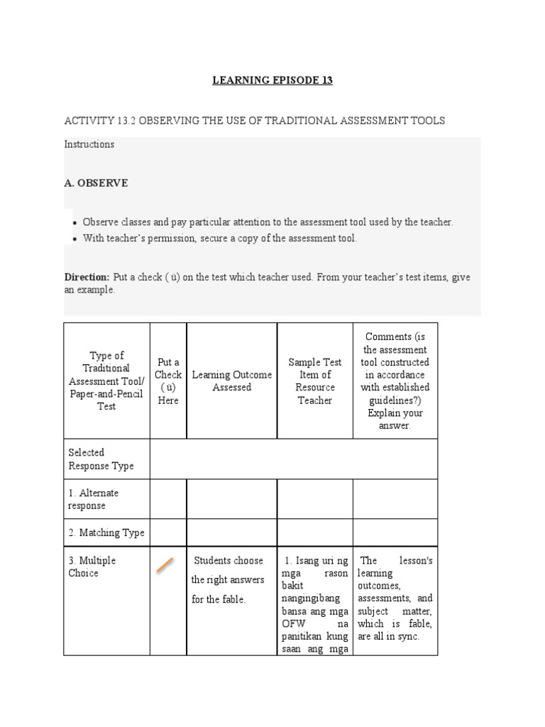 Activity 13.2 Observing The Use of Traditional Assessment Tools ...
