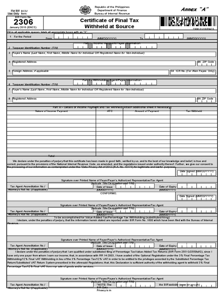 Certificate of Final Tax Withheld at Source: Annex "A" | PDF | Dividend ...