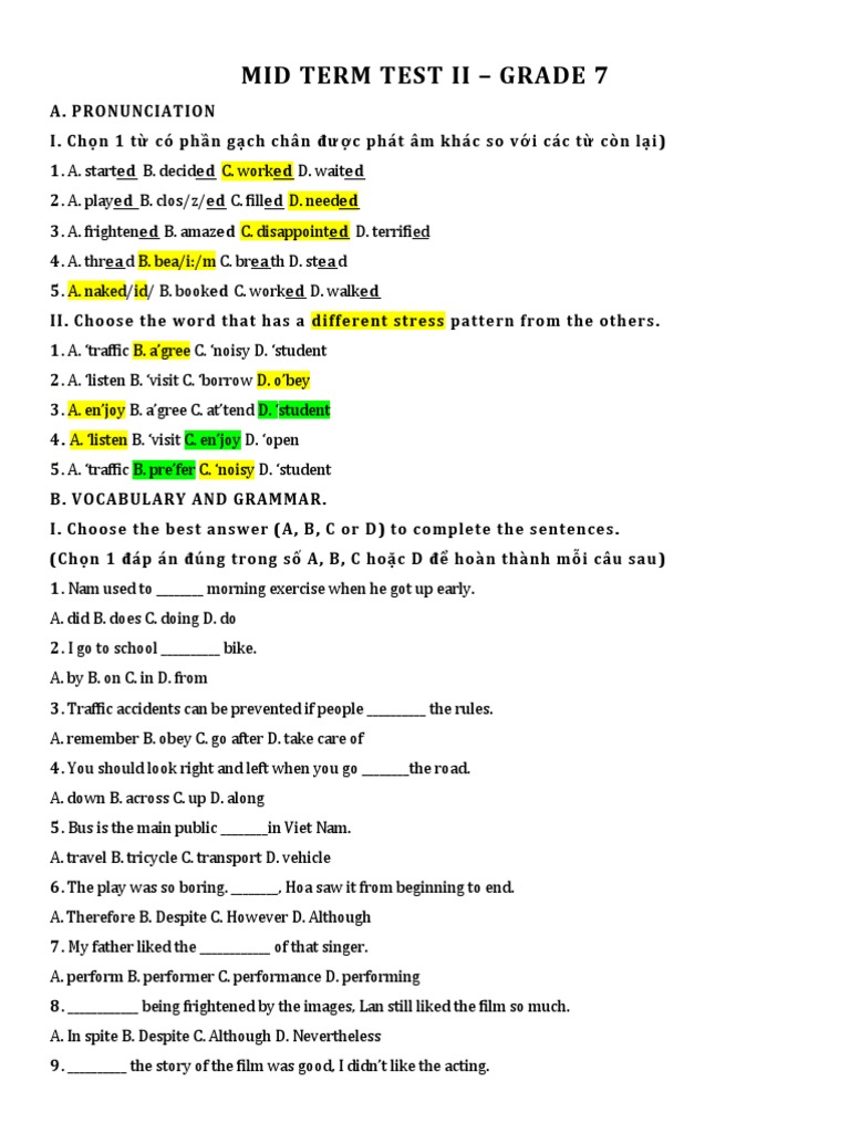 Mid Term Test Ii - Grade 7 | PDF