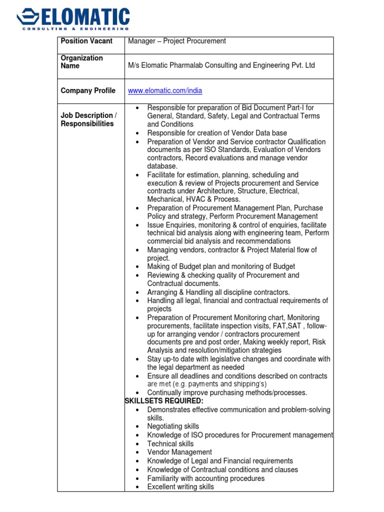 JD - Manager Procurement-Mumbai (35452) | PDF | Procurement | Business