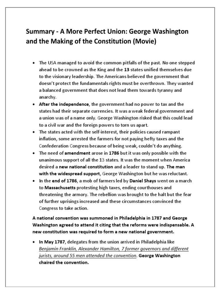 Summary of - A More Perfect Union (George Washington and US Constitution) Movie | PDF | James ...