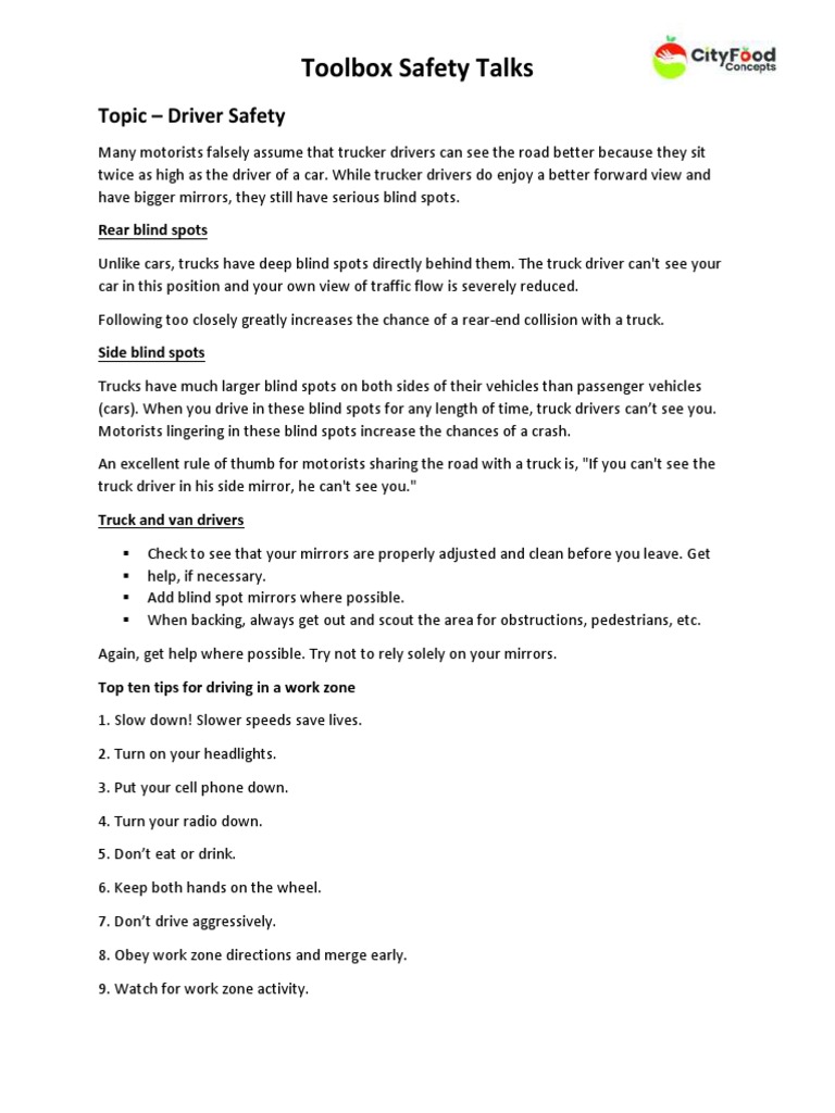 Driver Safety Toolbox Talk Guide | PDF | Driving | Truck Driver