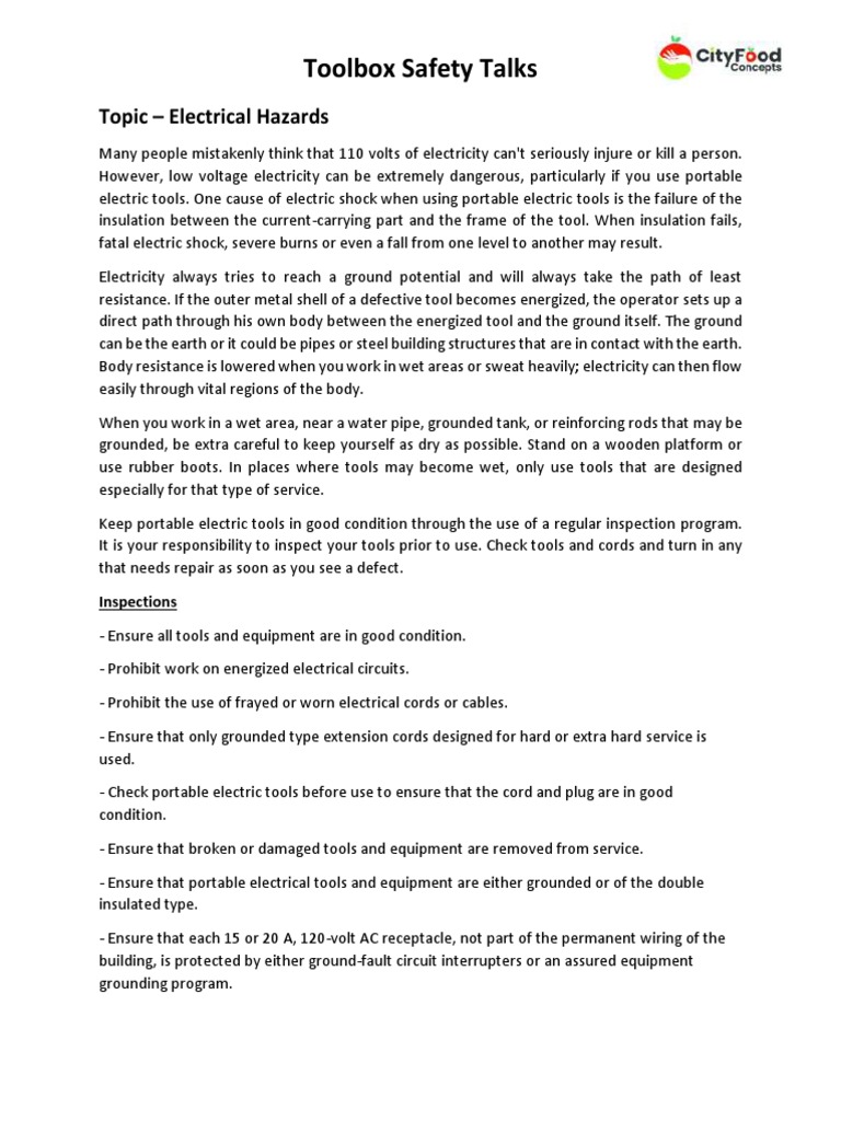 Toolbox Safety Talks - Electrical Hazards (CFC) | PDF | Insulator (Electricity) | Physical ...
