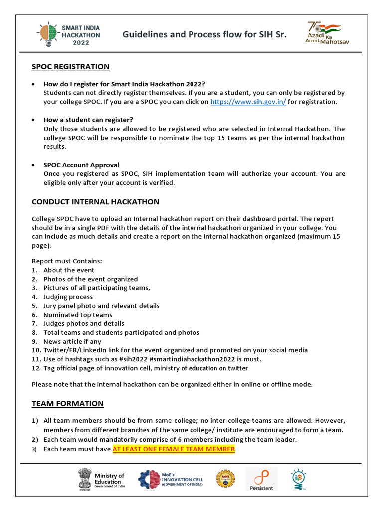 Guidelines and Process Flow For SIH SR.: Spoc Registration | PDF ...