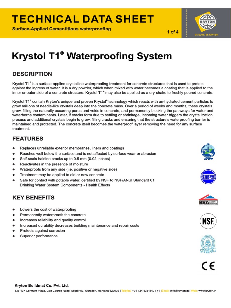 Technical Data Sheet: Krystol T1 Waterproofing System | PDF | Concrete ...