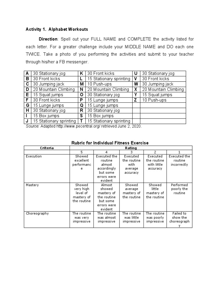 2ND WEEK PE ACTIVITY 1 Alphabet Workouts | PDF | Hobbies | Physical ...