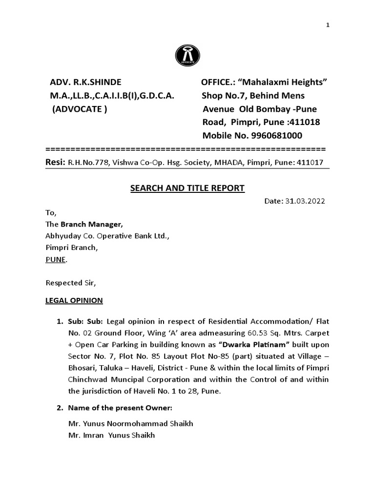 Legal Opinion on Title Search Report for Residential Property | PDF ...