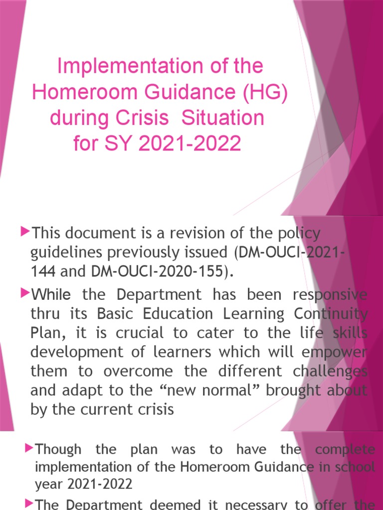Implementation of The Homeroom Guidance (HG) During Crisis Situation For SY 2021-2022 | PDF ...